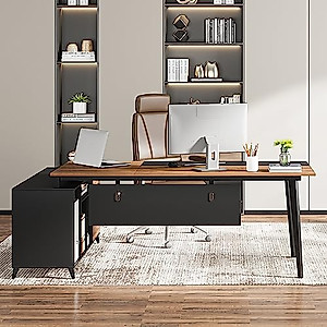 Tribesigns 70.8" Executive Desk with 43" Drawers File Cabinet, Large L-Shaped Computer Office Desk with Printer Stand, Business Furniture Workstation for Home Office