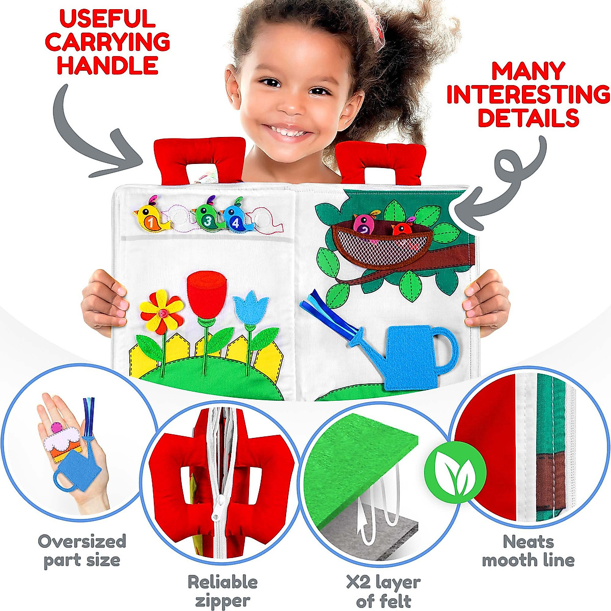 QUIET BOOK for Toddlers - Montessori Kids for Girl & Boy - Activity Travel Toddler Busy Book - Soft Quiet Toys for Toddlers - Felt Preschool Educational Toy with Sensory Activities, Red