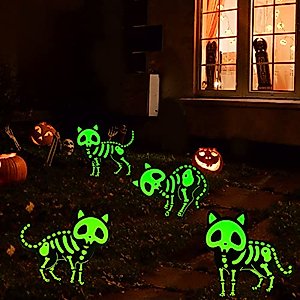 Fanxbox 4 Pack Halloween Black Cat Yard Signs, Black Cat Halloween Decor Glow in The Dark Skeleton Black Cat Silhouette Lawn Signs with Stakes for Halloween Lawn Garden Front Yard Decorations Outside