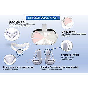 Clean VR Set 3-in-1 Compatible with Oculus Quest 2 Headset/Meta Accessories: Anti-Leakage Face Cover + Non-Slip Grip Covers + Stickers | Sweatproof Anti-Dirty Virtual Reality Decal Skin (Iron Black)