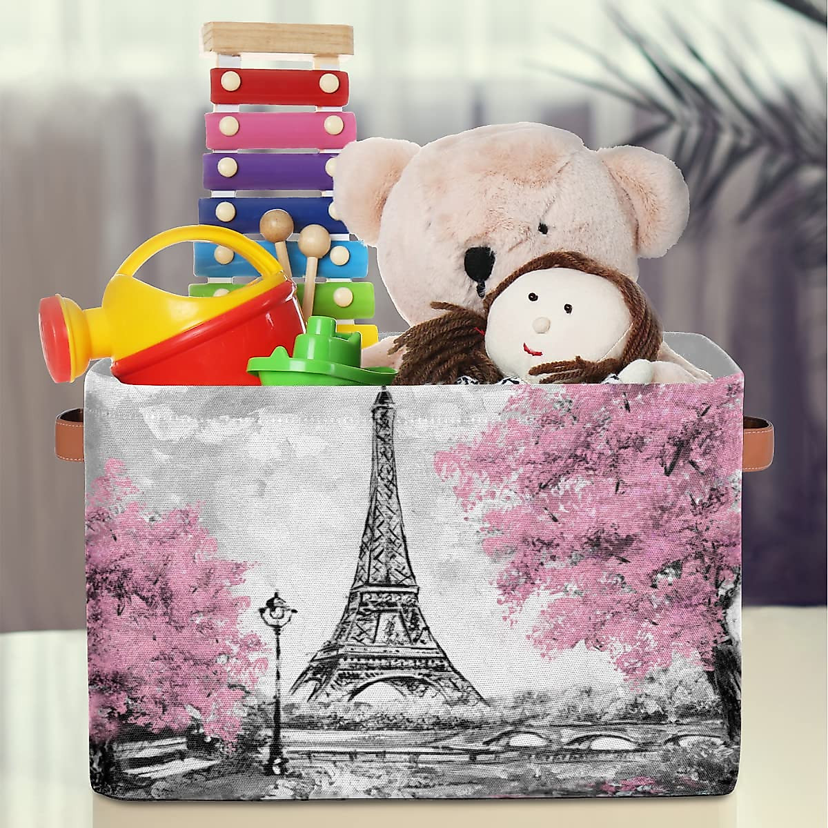 Shelf Storage Basket French Paris Eiffel Tower Canvas Large Storage Collapsible Organizer Toy Boxes Clothes Laundry Storage Bins Cubes with Handles for Closet Bedroom Nursery Home Office 2 Pack