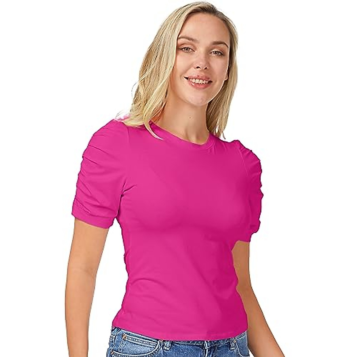 SDEER Puff Sleeve Tops for Women, Basic Scoop Neck T-Shirt Short Sleeve Slim Fit Shirts Tops Rose Red