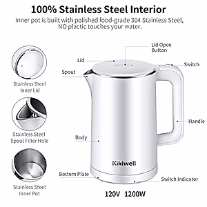 Electric Kettles Stainless Steel for Boiling Water, Double Wall Hot Water Boiler Heater, Cool Touch Electric Teapot, Auto Shut-Off & Boil-Dry Protection, 120V/1200W, 1.8Liter, 2 Year Warranty(White)