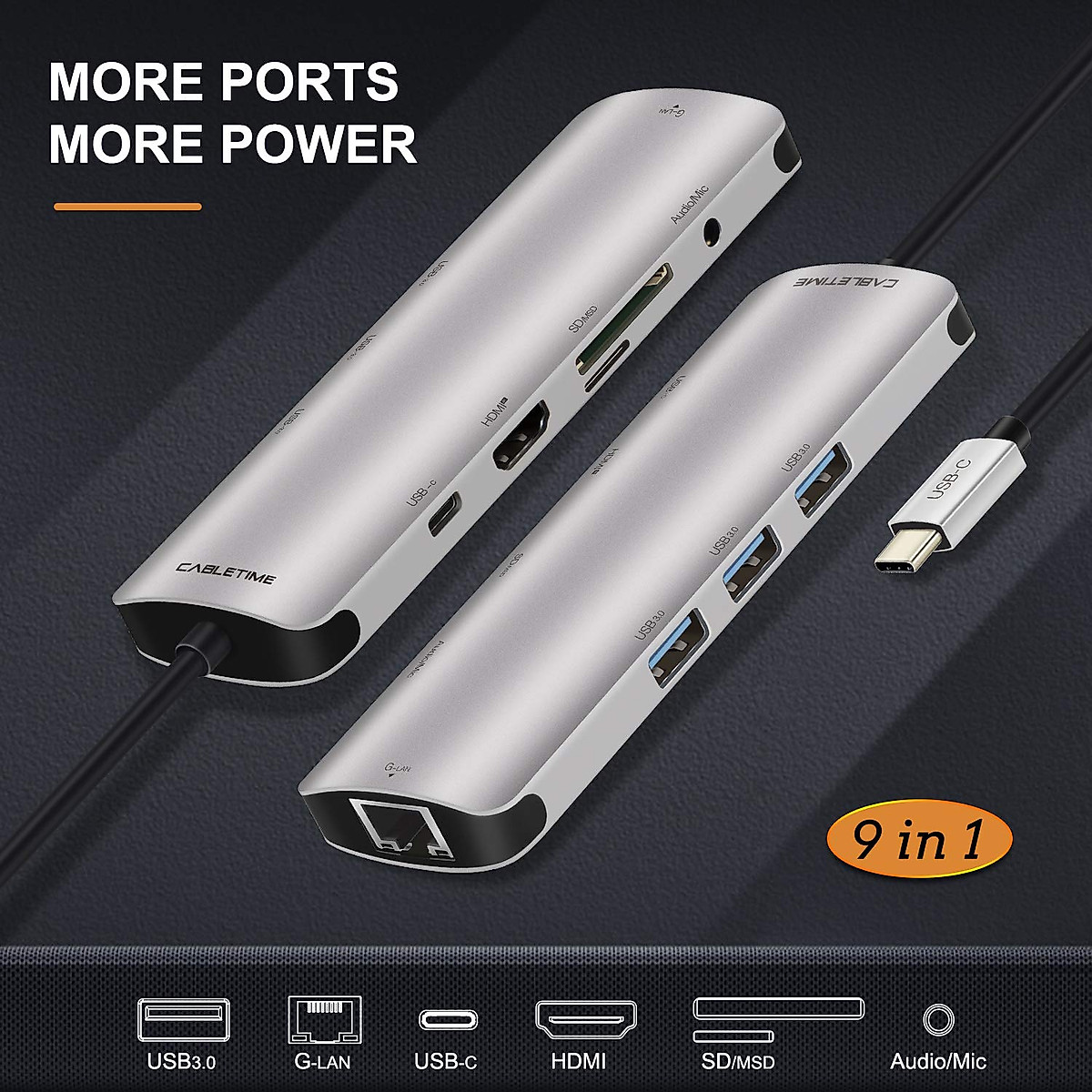 Cabletime 9 in 1 USB Hub (9 in 1(3*USB 3.0 Ports+Audio+HDMI+Type C+MicroSD/SD))