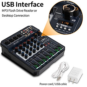 Depusheng T6 Audio Mixer 6-CHANNEL DJ Sound Controller Interface with USB Soundcard for PC Recording, XLR Microphone Jack PLUS HEADPHONE JACK, 5V USB Power CONNECT,FX 16Bit DSP Processor