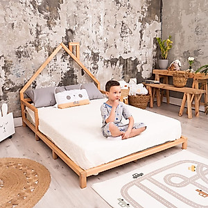 BUSYWOOD Toddler Bed - Alder Wood Bed for Kids - Montessori Twin Bed - Montessori Bed - House Bed Frame - Montessori Full Size Bed Frame (Model 3, Legs&Slats, Natural Wood)