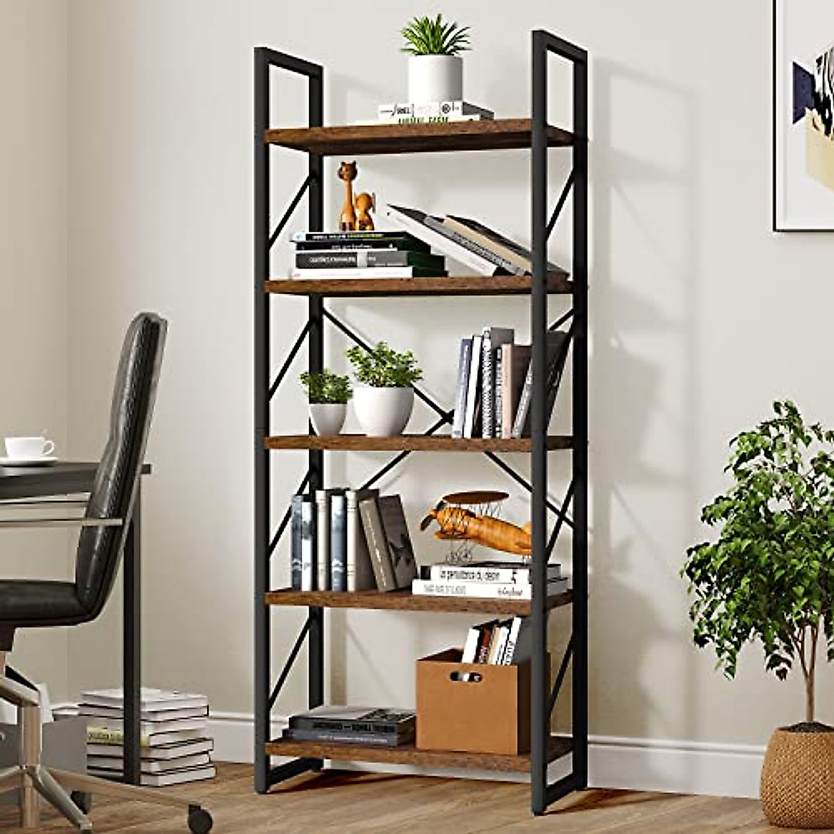 YITAHOME 5 Tiers Bookshelf, Artsy Modern Bookcase, Book Rack, Storage Rack Shelves Books Holder Organizer for Books/Movies in Living Room/Home/Office - Rustic Brown (FTOFBC-0016)