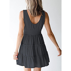 Dokotoo Beach Vacation Clothes for Women 2025 Summer Sun Dress Smocked Empire Waist Ruffle Tiered Casual Mini Button Down Dresses Sexy T Shirt Short Dress Boho Sundress Cruise Outfits Grey Medium