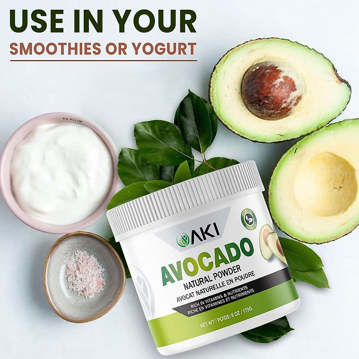 AKI Avocado Superfood Powder (6oz/170g) - Rich in Nutrients, Vitamins, Omega 3 & Antioxidants - Ideal for Smoothies, Yogurt or Milkshake Popsicles - Vegan & Non-GMO