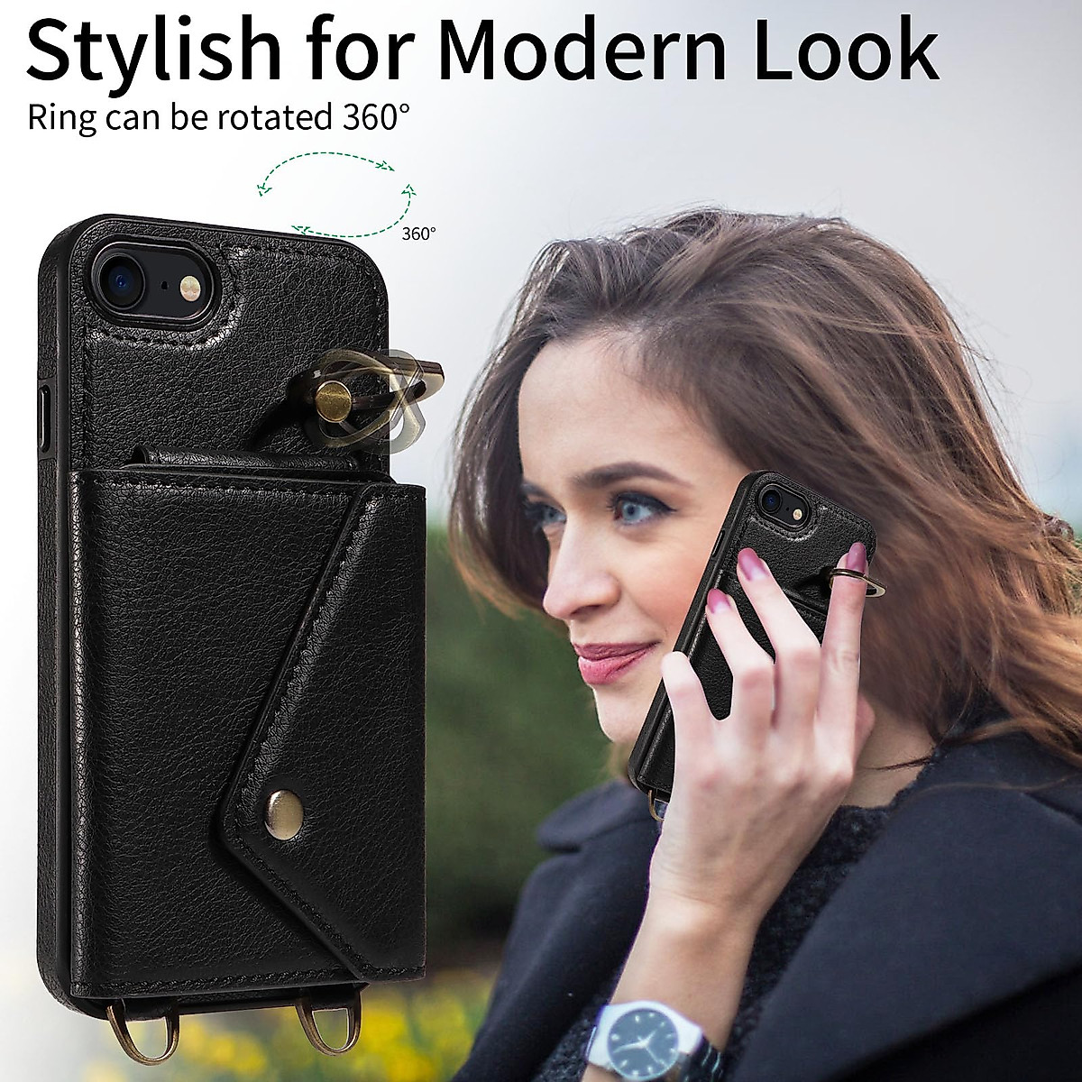 YIRRANZD Crossbody Wallet Case for iPhone SE 2020 / SE 2022/8 / 7 with Card Holder, Leather Case with Long Shoulder Strap, Purse Shockproof Flip Cover for iPhone SE 2020 / SE 2022/8 / 7 (Black)