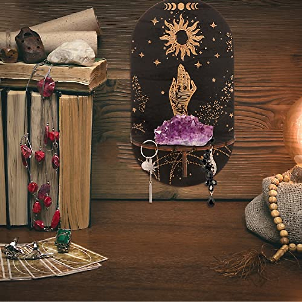 NOLITOY Black Crystal Display Bohemian Wooden Hanging Decoration Stand Crystal Stone Holder Wall Shelf for Crystals Essential Oil (Style1)