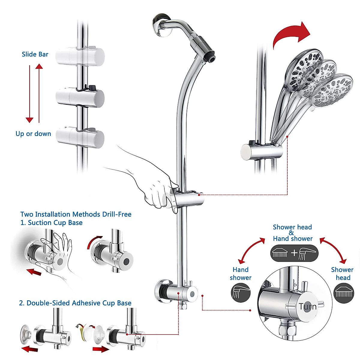 UCLIMAA Rainfall 8 Inch Round Shower Head with High Pressure Handheld Spray Combo, Drill-Free Slide Bar with Adjustable Shower Extension Arm, 3-Way Low Diverter for Easy Reach, 5Ft Hose- Chrome