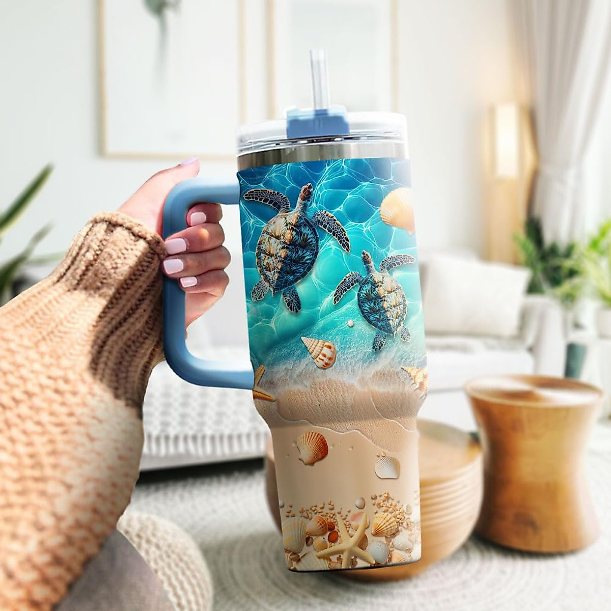 99OWL Tumblers For Blue Royal Women Light Handle Straws Navy Insulated Myrtle Summer, Beach Gifts, Tumbler 40 Oz With Handle Lid And Straw, Beach Soul Sea Turtle