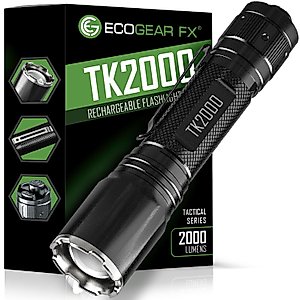 EcoGear FX TK2000 Tactical Flashlight Kit - Delivering 2000 Lumens Max, 3 Light Modes with Instant Strobe Light, Adjustable Focus Zoom, USB Rechargeable with a 5000mAh High Power Battery