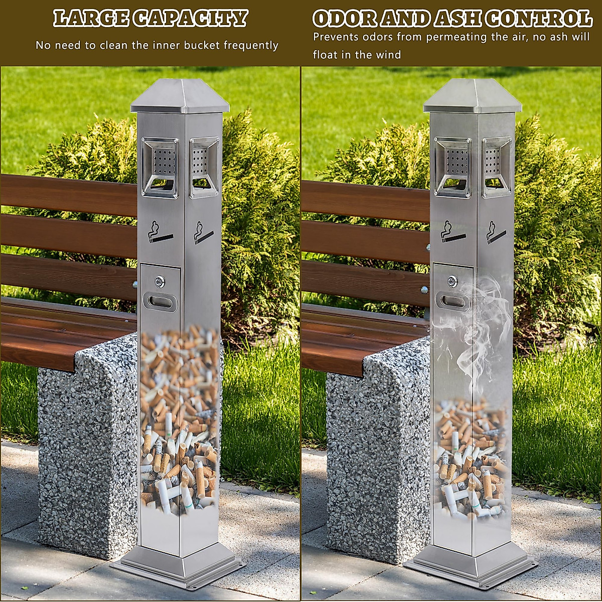 RDUIGT Commercial Stainless Steel Trash Can Outdoor Trash Receptacle with Removable Inner Bucket, All-Metal Construction, Suit for Patio Hotel Street Office Porch