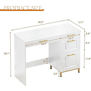 4 EVER WINNER White Desk with Drawers, 43” Home Office Small Desk with Drawers, Gold Hardware for Small Space, White and Gold Desk Writing Study Table for Bedroom
