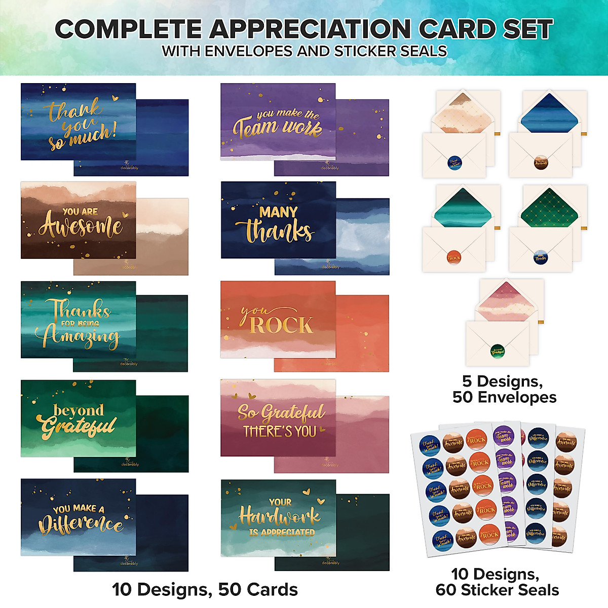 Decorably 50 Pack Gold Foiled Employee Appreciation Cards with Envelopes & Stickers, 10 Designs Blank Inside Employee Thank You Cards, 6x4 Staff Appreciation Cards for Coworkers You Are Awesome Cards