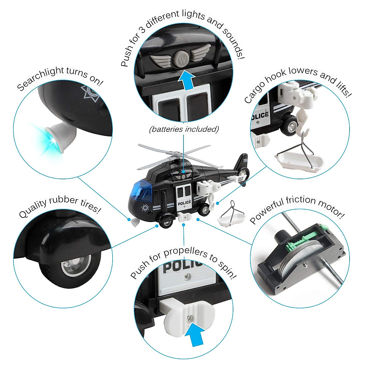 Vokodo Police Helicopter 11" With Lights And Sounds Push And Go Includes Rescue Basket Durable Toy Friction Kids Cop Chopper SWAT Airplane Pretend Play Truck Great Gift For Children Boys Girl Toddlers