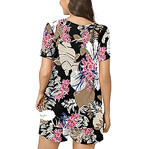 POPYOUNG 2023 Women's Summer Two Piece Pajama Sets With Pockets, Short Sleeve Tunics with comfy Shorts, Lounge Sleepwear Ladies Pjs Sets 2XL, Brown Leaves