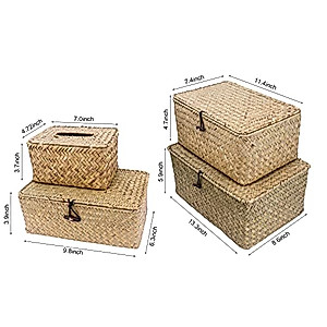 MoYouno Natural Seagrass Storage Baskets with Lid, Seaweed Woven Basket Storage Box Set of 4, Handwoven Seagrass Rattan Storage Box for Home Organizer (little green)