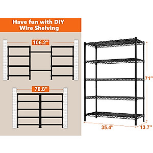 REIBII 5-Shelf Wire Shelving,Storage Shelves Metal Shelves for Storage,71’’H Adjustable Garage Shelving Heavy Duty Storage Rack Pantry Shelf Kitchen Shelving,71’’H X35.4’’W X13.7’’D