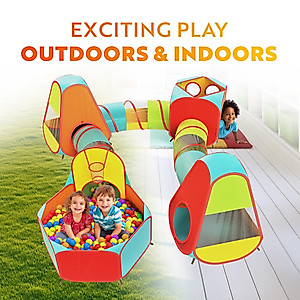 Playz 7pc Kids Play Tent with 1 Big Ball Pit for Babies, 3 Play Tunnel for Toddlers, and 3 Pop Up Tents Playhouse Bundle, Best Birthday Gift for Boys & Girls, Indoor & Outdoor Use Portable Play Center