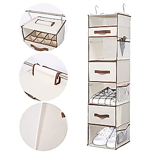 Vercord 6 Shelf Hanging Closet Organization Foldable Hanging Shelves Clothes Storage with 2 Large Drawer 1 Sock Drawer 6 Mesh Pocket.
