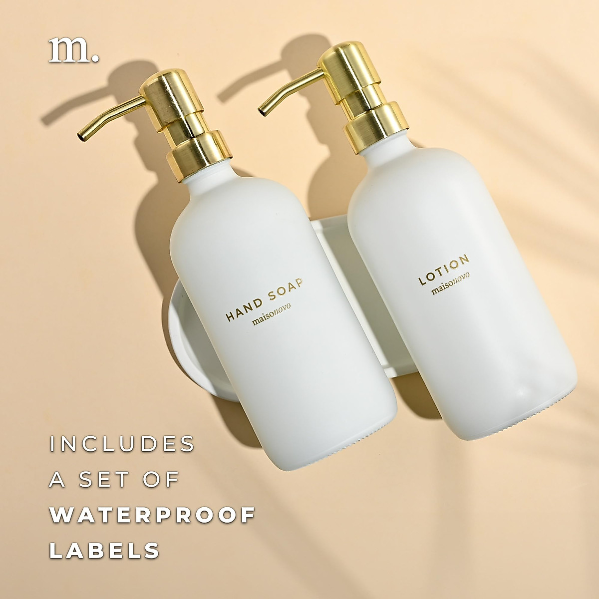 MaisoNovo Soap Dispenser 3-Piece Set | 16.9oz White Bottles with Gold Stainless Steel Pumps