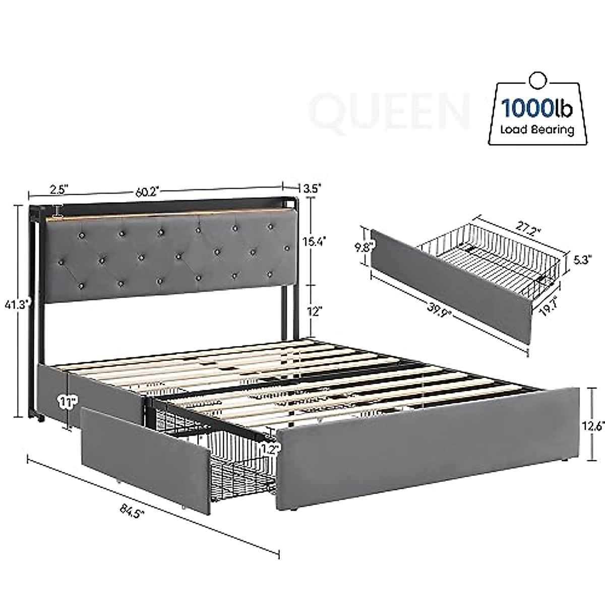 IDEALHOUSE Queen Size Bed Frame with 4 Storage Drawers and Charging Station, Grey Velvet Upholstered Platform Bed Frame with Storage Headboard and Wooden Slats Support, No Box Spring Needed
