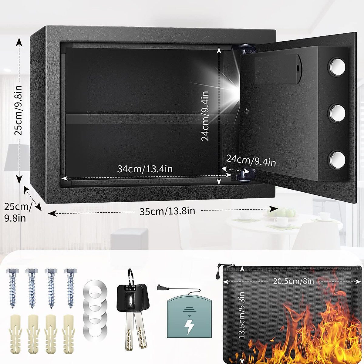 1.2 Cuft Fire Proof Safe Boxes for Home, Digital Home Security Safe Box with Fireproof Money Bag, Combio Keypad and Spare Keys, Personal Safe Fireproof Lock Box for Home Medicine Valuable Document