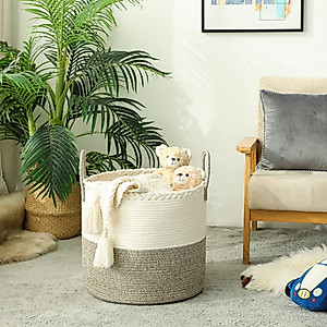 KAKAMAY Large Cotton Rope Blanket Basket (20"x13"),Woven Baby Laundry Hamper，Blanket Basket for Nursery, Laundry, Living Room, Pillows, Toys with Handles （White/Beige）