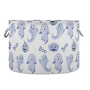 Krafig Watercolor Halloween Blue Ghosts Round Collapsible Storage Basket, Large Toy Storage, Laundry Baskets, Open Home Storage Bins for Toy Organizer, Home Decor, Clothes, Toys