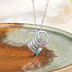 Jeweidea Personalized Heart Necklace with 2-6 Simulated Birthstones Custom Name Mother Daughter Chain Pendant for Women Mom Birthday (5 Names)