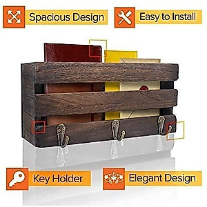 Rustic Mail Holder Wall Mount ~ Key and Mail Organizer for Wall Decorative with 3 Key Hooks ~ Key Hanger for Wall, Entryway, Bathroom, Living Room, Kitchen (Brown)