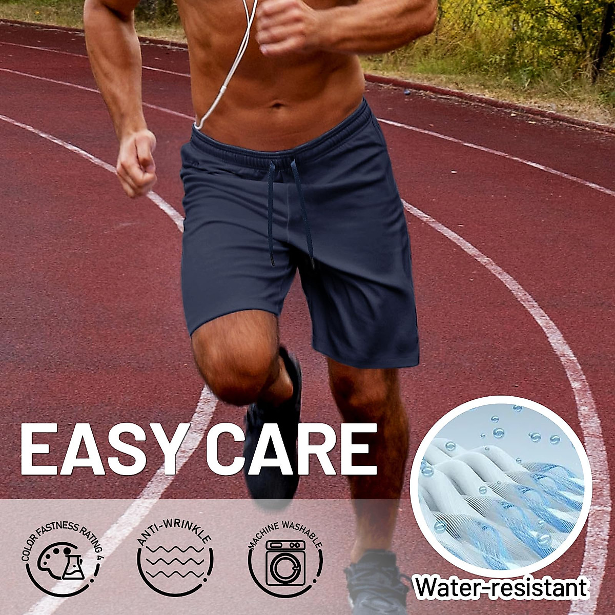 MIER Men's 7 Inch Dry Fit Athletic Running Shorts with Zipper Pockets - No Liner Workout Gym Active Shorts, Navy Blue, M