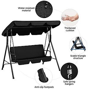 Yaheetech 3-Seat Patio Swing Chair, Outdoor Canopy Swing Porch Swing with Adjustable Canopy & Removable Cushion, Hanging Swing Glider Lounge Chair for Patio, Garden, Yard, Porch - Black