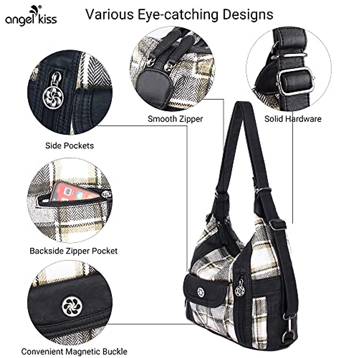 Angel Kiss Purses and Handbags for Women Washed Vegan Leather Crossbody Hobo Satchel Shoulder Mutipocket Tote Purse
