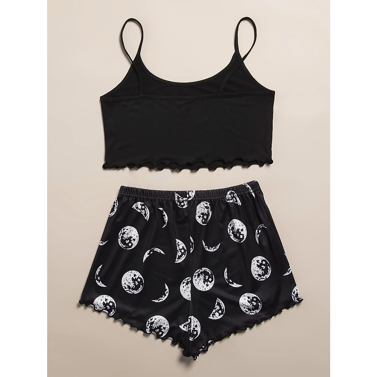 WDIRARA Women's Sleepwear Cute Print Lettuce Trim Cami and Shorts Pajama Set Black Moon M