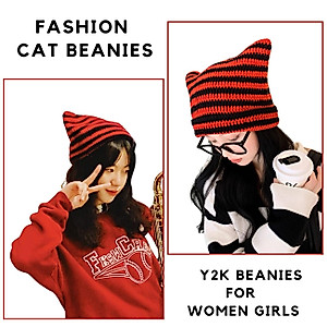 Lafaguw 5 PCS Y2k Beanie Hats for Women, Cute Knitted Striped Arm Warmers Leg Warmers 80s Crochet Cat Ear Beanie Accessories