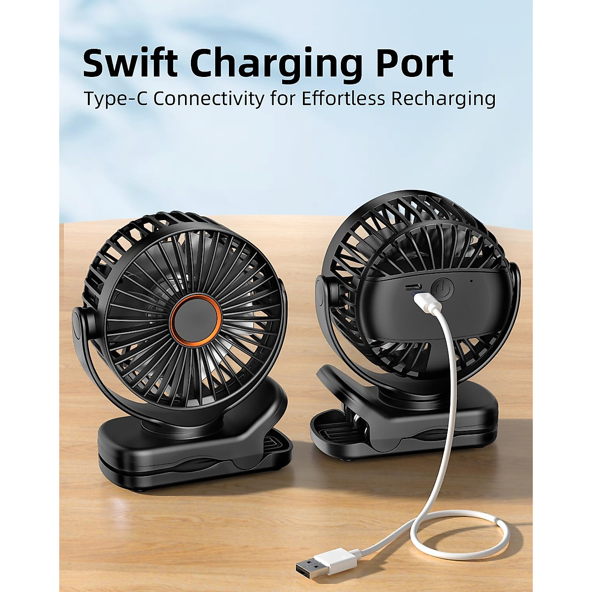 FrSara USB Battery Powered Clip on Fan, Portable Small Fan with USB TYPE-C Charging, 3 Speeds Strong Airflow, with Sturdy Clamp, Quiet Desk Fan, Ideal for Bedroom Office Desktop Treadmill, Black