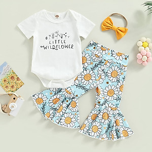 Baby Girl Floral Bell Bottoms Outfit Little Wildflower Romper Short Sleeve Onesie Pants Headband Spring Clothes Set (White & Blue, 6-12 Months)