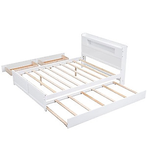 WOODRK Queen Size Storage Platform Bed Frame with Multifunctional Headboard with LED and Storage Shelves, Modern Wooden Beds with 2 Drawers and 1 Twin Size Trundle, for Bedroom, Easy Assembly, White
