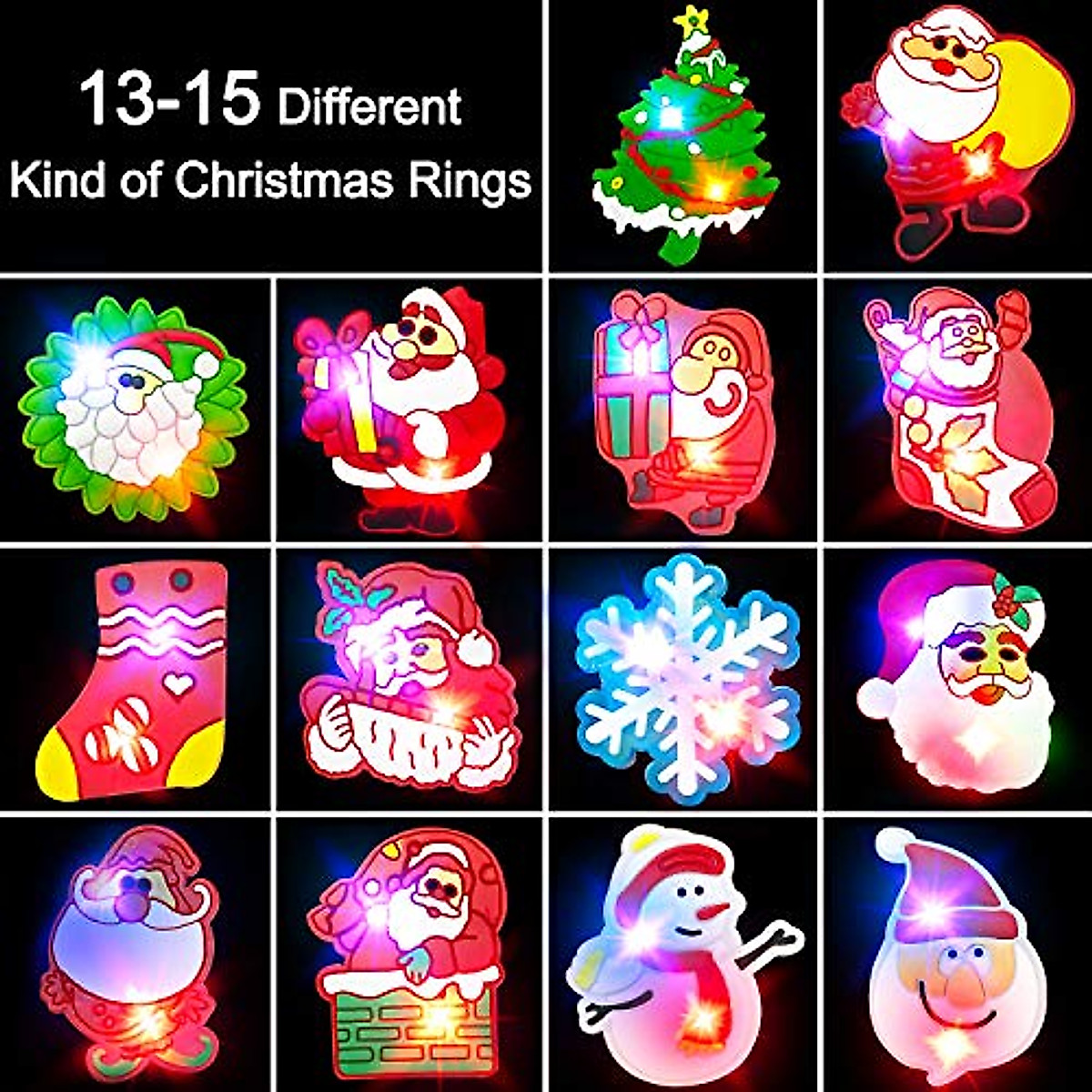 TURNMEON 50 Pack LED Light Up Ring Christmas Party Favors Stocking Stuffers for Kids Flashing Glow in The Dark Funny Christmas Party Supplies Toy Gift Boys Girls Christmas Party Favors Decorations