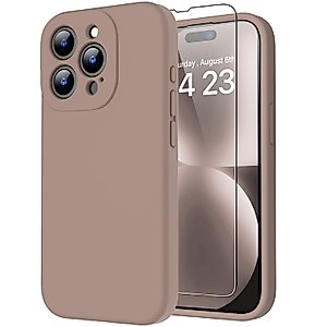 bicol Compatible with iPhone 15 Pro Max Case with Screen Protector,Enhanced Camera Lens Protection,Soft Liquid Silicone Protective Cover,Slim Fit Protective Phone Case 6.7" Light Brown