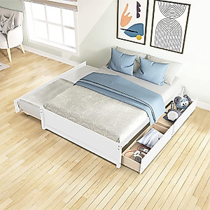 Rophefx Full Size Platform Bed with Trundle and 2 Drawers, Solid Wood Full Kids Beds with Twin Size Trundle, White