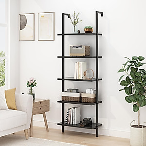 Karl home Ladder Shelf 5 Tier Wall Mounted Bookcase with Metal Frame, Open Design Shelves for Living Room, Bedroom, Home, Dark Walnut (23.62" L x 11.81" W x 70.87" H)