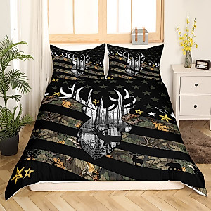 Erosebridal Camouflage Queen Duvet Cover, American Flag Themed Bedding Set for Boys Men, Reindeer Elk Deer Hunting Comforter Cover, Camo Military Green Queen Bed Set Hunter Wild Animal Decor Black