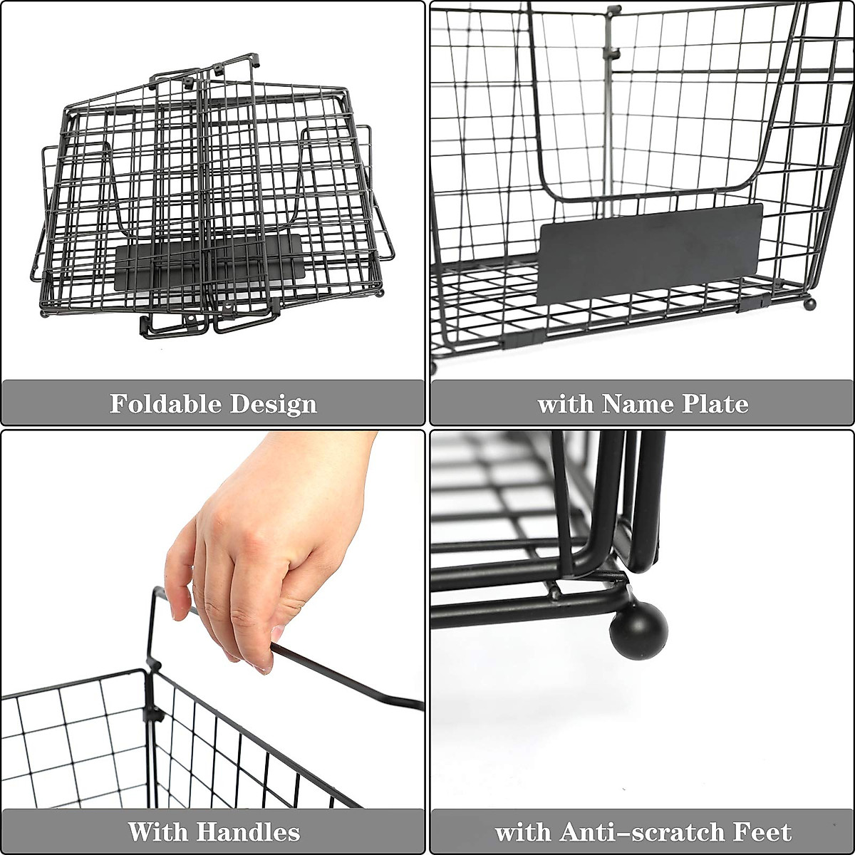 3 Tier Foldable Wire Basket XXXL Size, Stackable Fruit Vegetable Storage Basket with Name Plate Standing Metal Mesh Bin Organizer for Kitchen Counter Pantry Cabinet 14.1''L x 12.5''W x 23.6''H