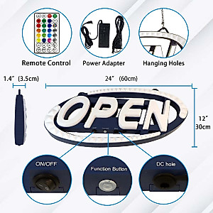 iKefe 24 x 12 Inch 16 Colors Gradient Running Effect LED Open Lights, LED Neon Light Up Open Sign with Remote Timer, Large Lighted Signage Sign for Business Hours, Shop, Nail, Hair Salon (Blue Base)