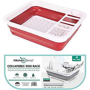 J&V TEXTILES Collapsible Dish Drying Rack - Popup for Easy Storage, Drain Water Directly into The Sink, Room for Eight Large Plates, Sectional Cutlery and Utensil Compartment, Compact (Red)